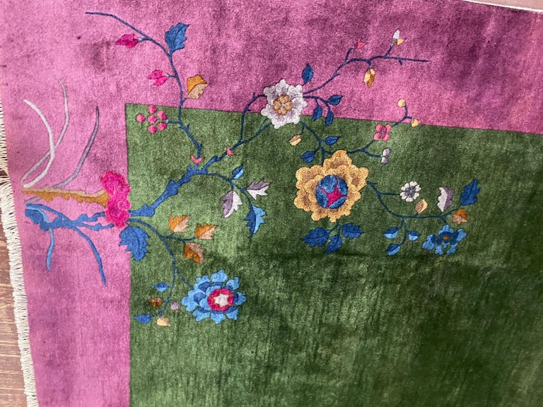 Antique Art Deco Chinese Oriental Rug, Wonderful Green For Sale at 1stDibs