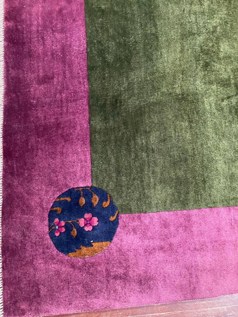 Antique Art Deco Chinese Oriental Rug, Wonderful Green For Sale at 1stDibs