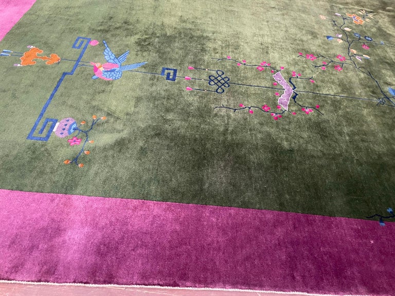Antique Art Deco Chinese Oriental Rug, Wonderful Green For Sale at 1stDibs