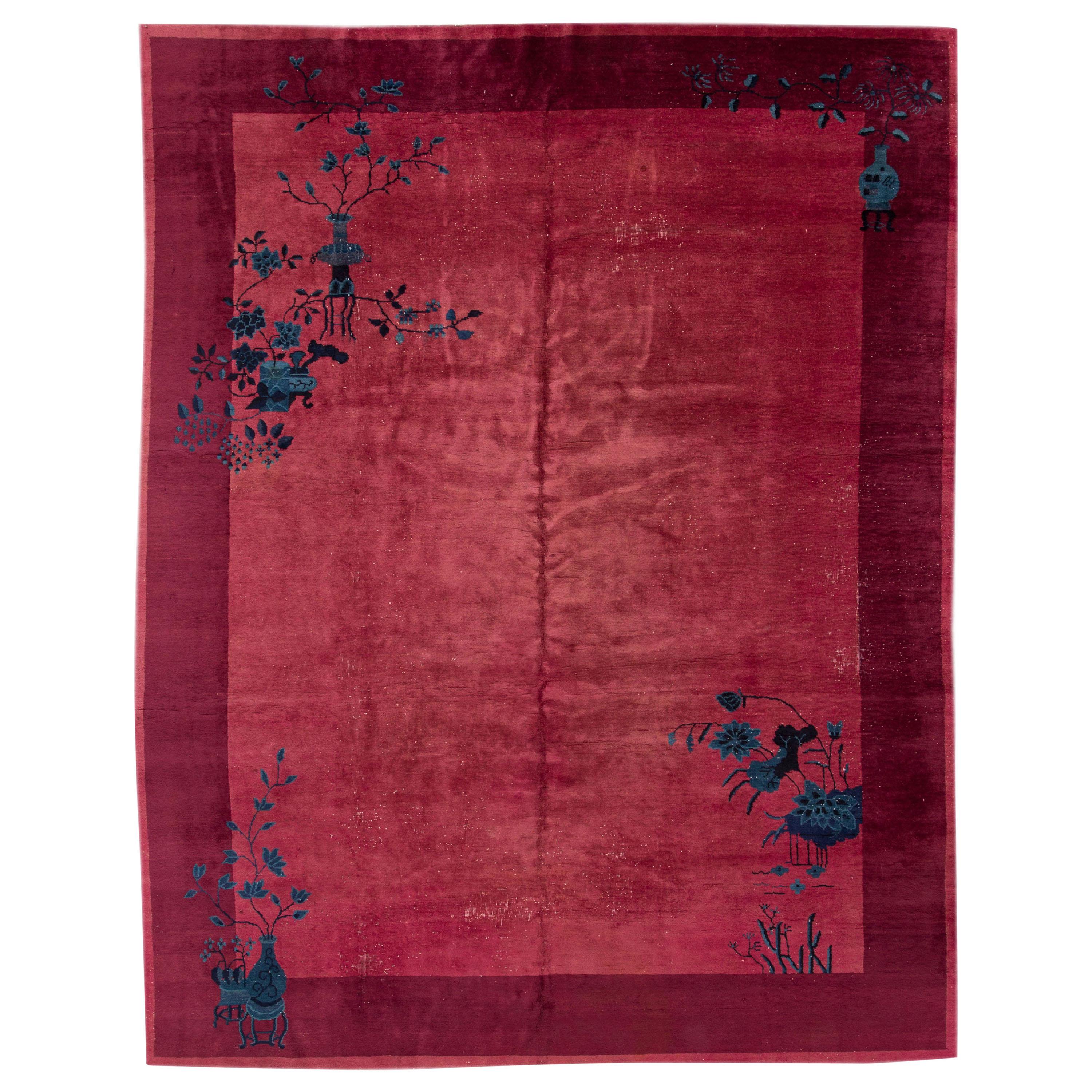 Antique Red Chinese Art Deco Rug For Sale at 1stDibs