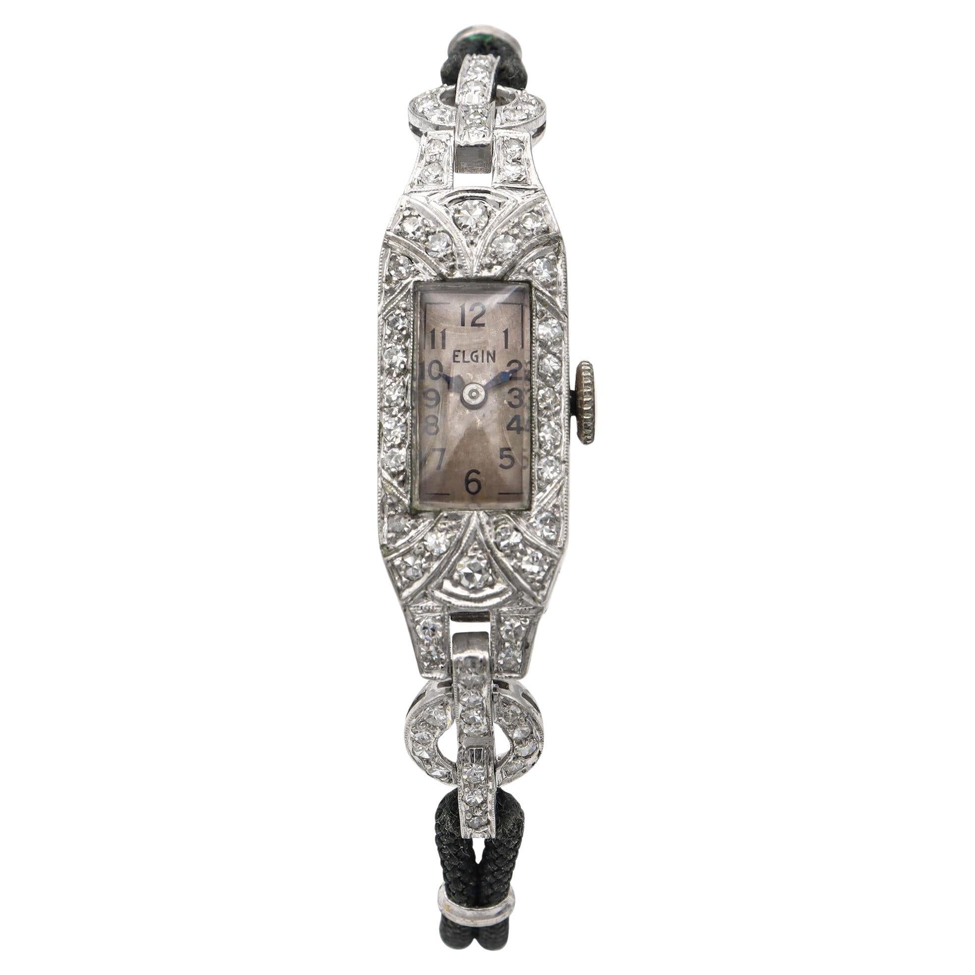 Gruen Platinum Case 14K White Gold Band Diamond Sapphire Women's Hand ...