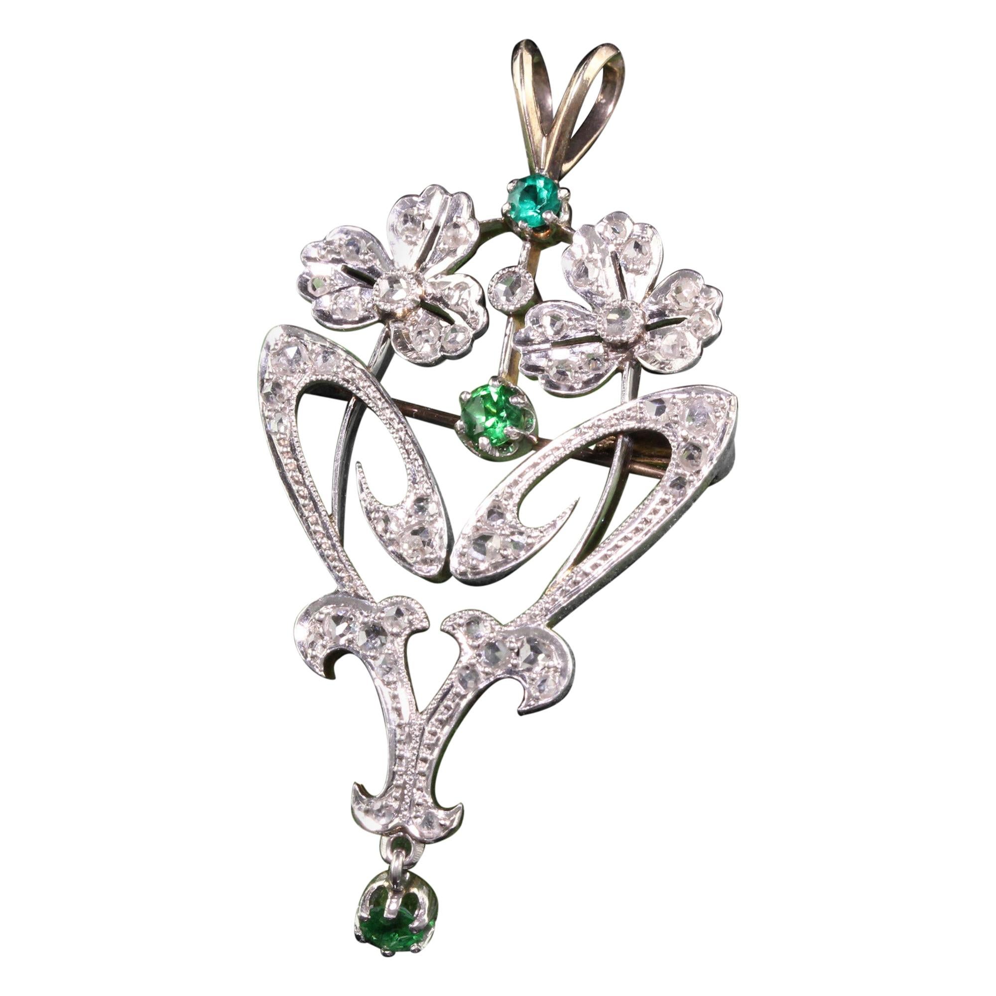 Art Deco Emerald Diamond Platinum Pin/Pendant Necklace For Sale at 1stDibs