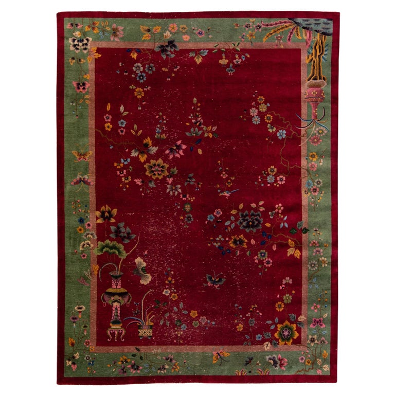 Antique Art Deco Handmade Chinese Floral Pattern Red Wool Rug For Sale ...