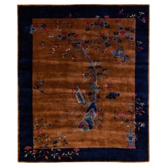 Vintage 1920s Brown and Blue Chinese Art Deco Fette Rug For Sale at 1stDibs