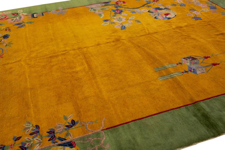 Antique Art Deco Handmade Floral Chinese Yellow and Green Wool Rug For ...