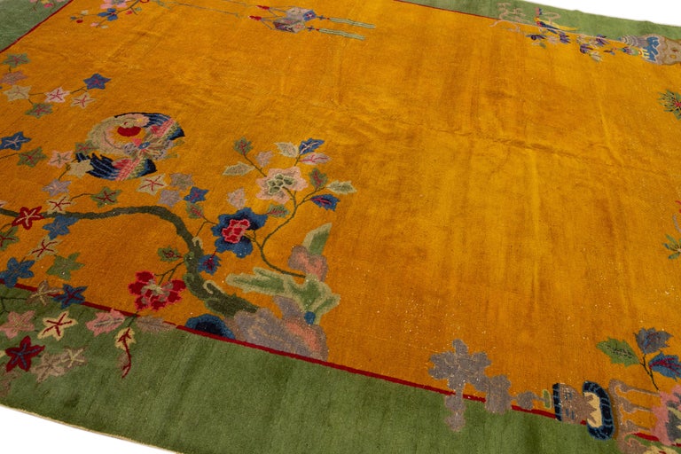 Antique Art Deco Handmade Floral Chinese Yellow and Green Wool Rug For ...