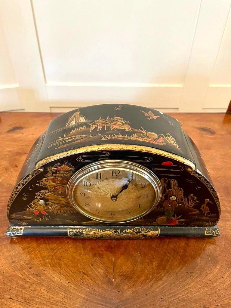 Antique Art Deco Lacquered Chinoiserie Desk Clock For Sale at 1stDibs