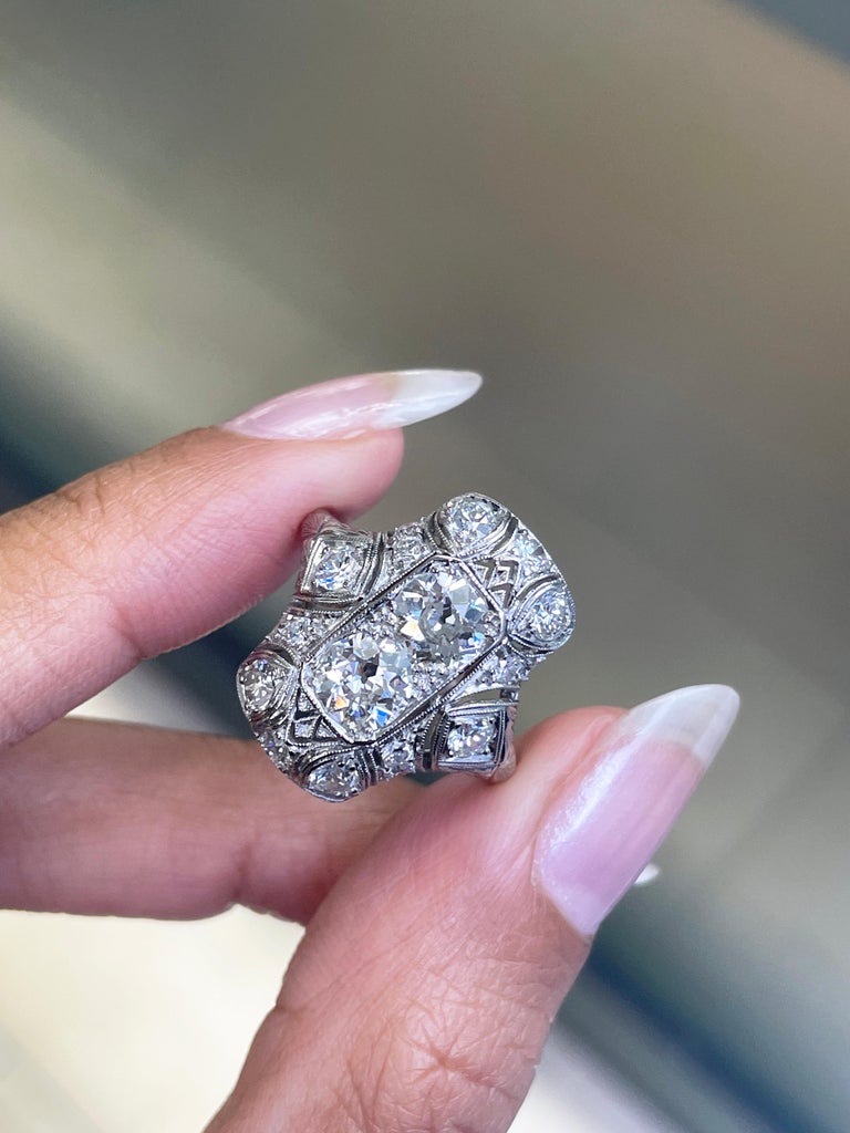 Antique Art Deco Old Mine Cut Diamond Vertical Platinum Dress Ring, C ...