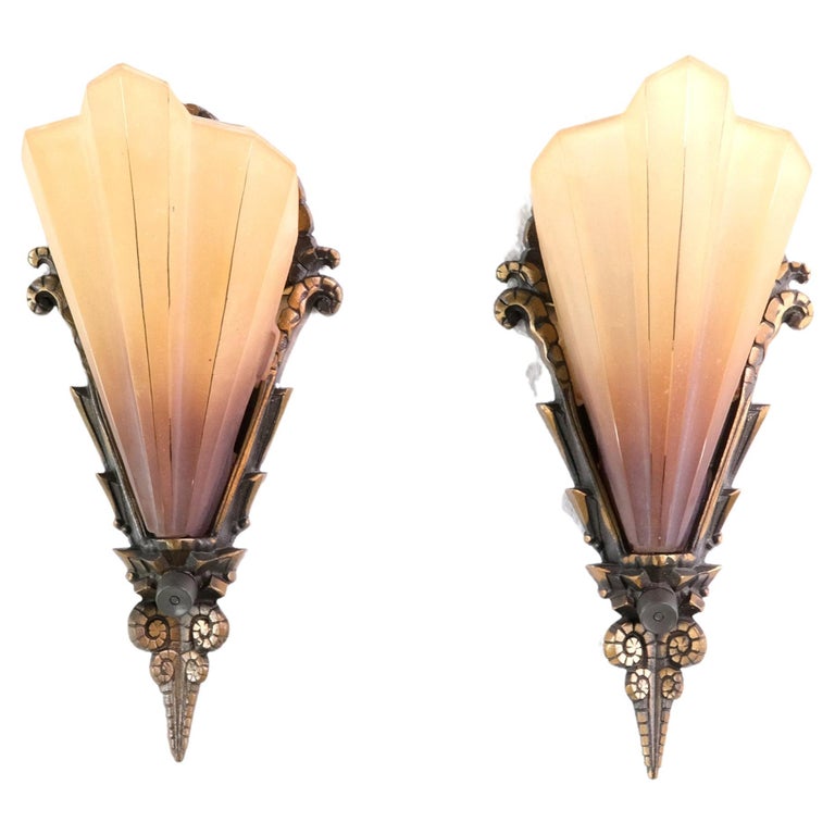 Antique Art Deco Pair Brass Tan Slip Shade Wall Sconces at 1stDibs