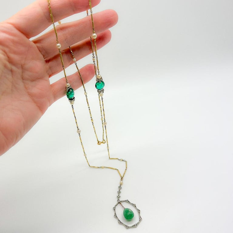 Antique Art Deco Pearl Jade and Emerald Paste Lariat 1920s For Sale at ...
