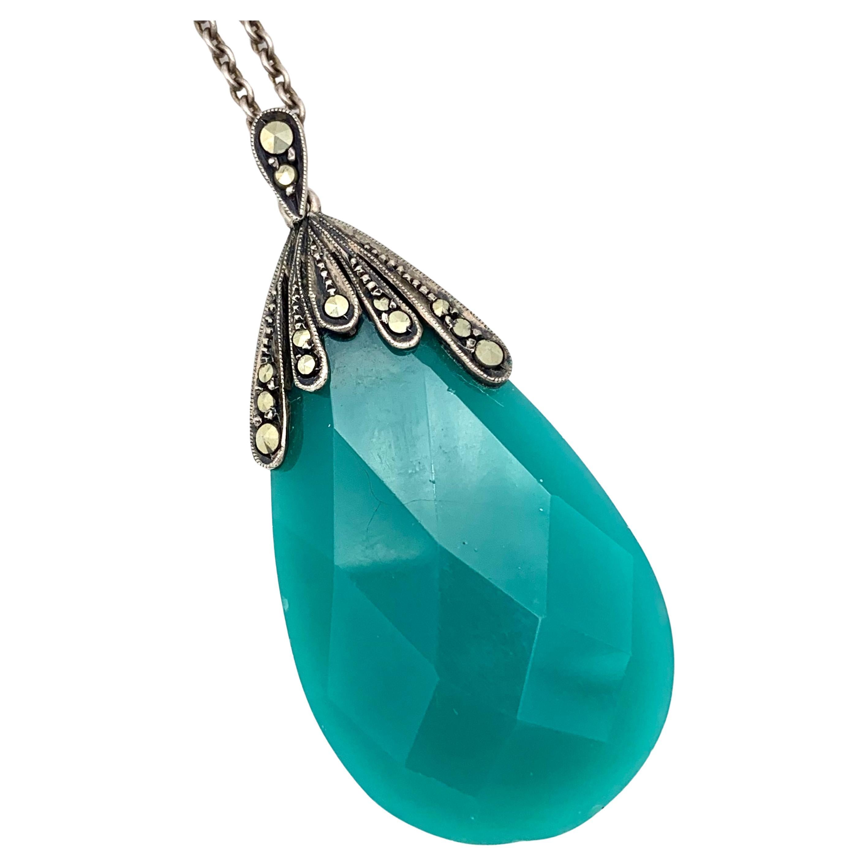 Antique Art Deco Pendant Necklace Facetted Green Chalcedony Silver ...