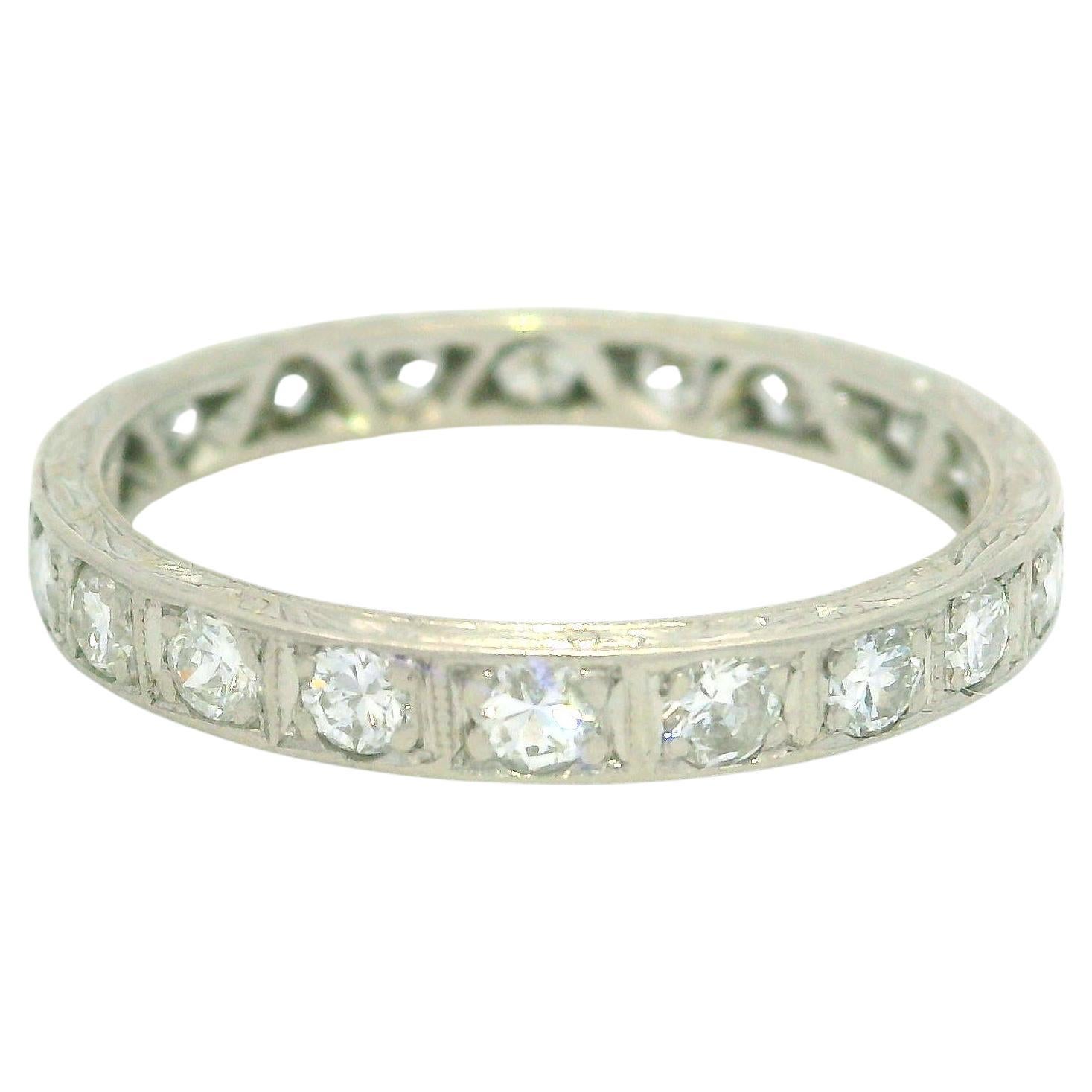 Antique Art Deco Platinum 0.66ctw Old Diamond Engraved Eternity Band Ring For Sale at 1stDibs