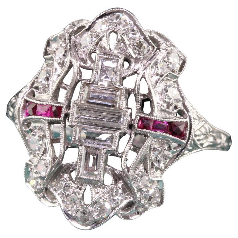 Antique Art Deco Platinum Baguette Old Euro Diamond and Ruby Shield ...
