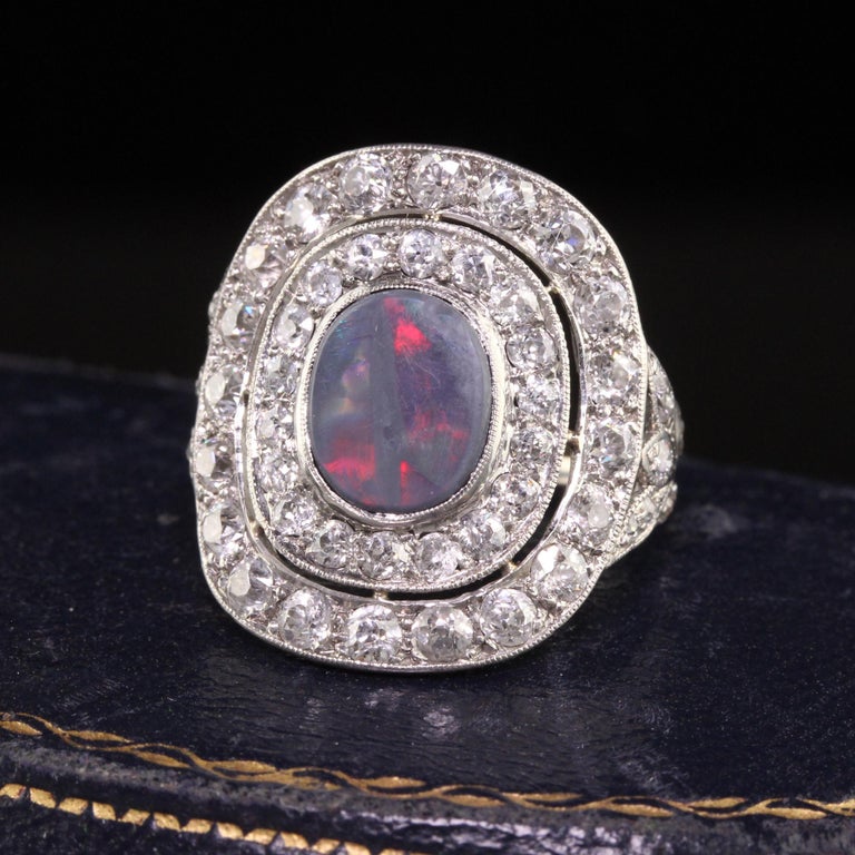 Antique Art Deco Platinum Black Opal and Old European Diamond Shield ...