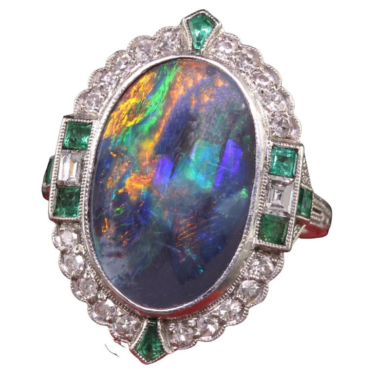 Antique Art Deco Platinum Black Opal Diamond and Emerald Cocktail Ring ...