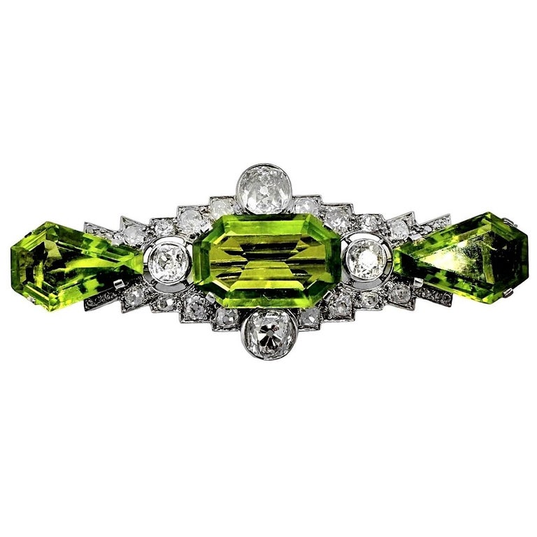 Antique Art Deco Platinum Brooch with Diamonds and Peridot For Sale at ...
