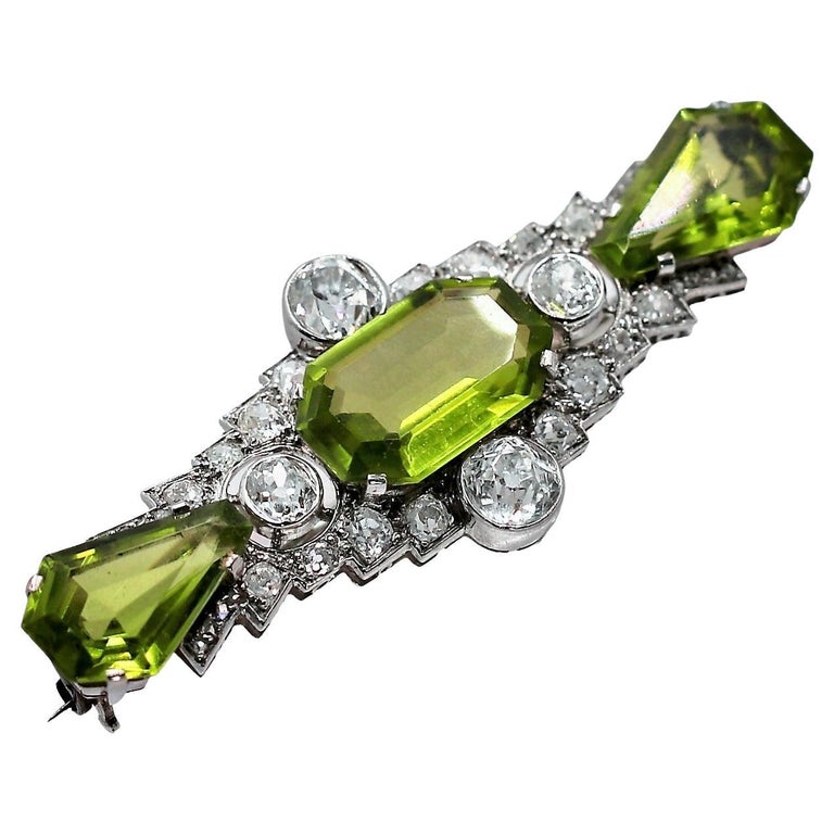 Antique Art Deco Platinum Brooch with Diamonds and Peridot For Sale at ...