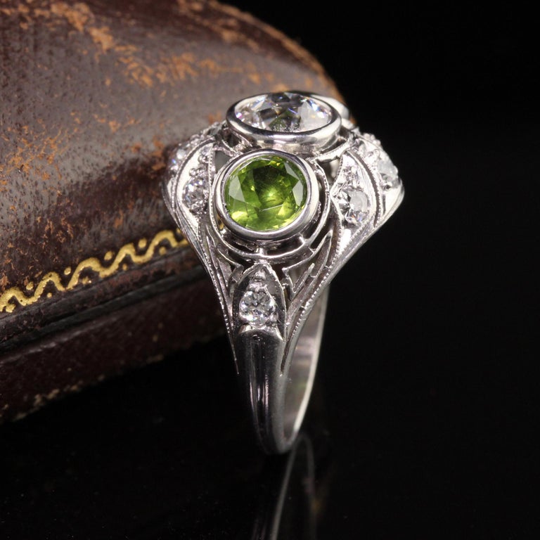 Antique Art Deco Platinum Demantoid Garnet and Diamond Three Stone Ring ...