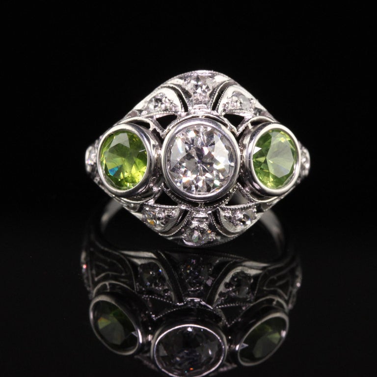 Antique Art Deco Platinum Demantoid Garnet and Diamond Three Stone Ring ...