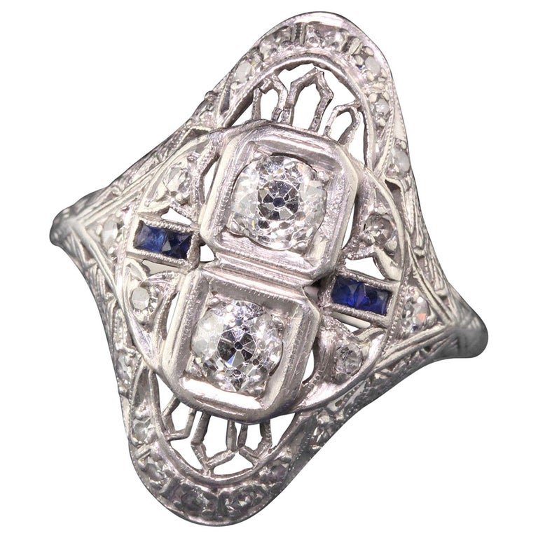Antique Art Deco Platinum Diamond and Sapphire Filigree Shield Ring at ...