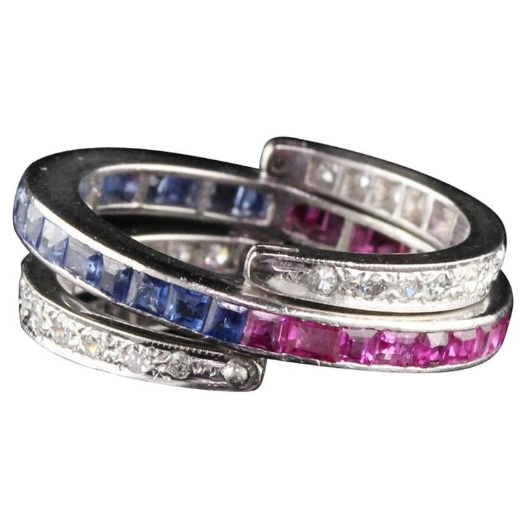 Antique Art Deco Platinum Diamond, Ruby and Sapphire Flip Ring at ...