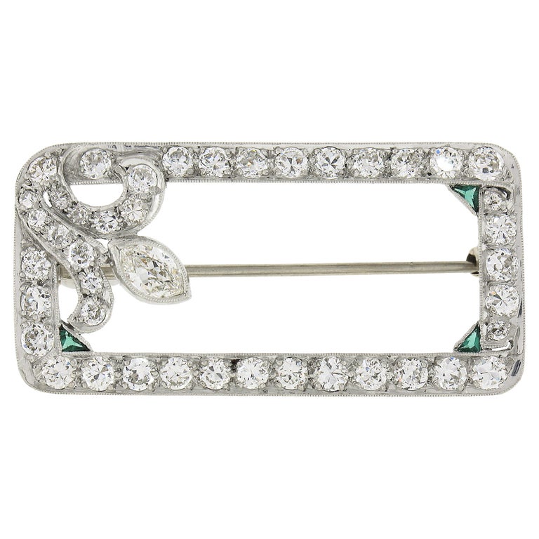 Antique Art Deco Platinum Old Cut Diamond w/ Emeralds Open Geometric ...