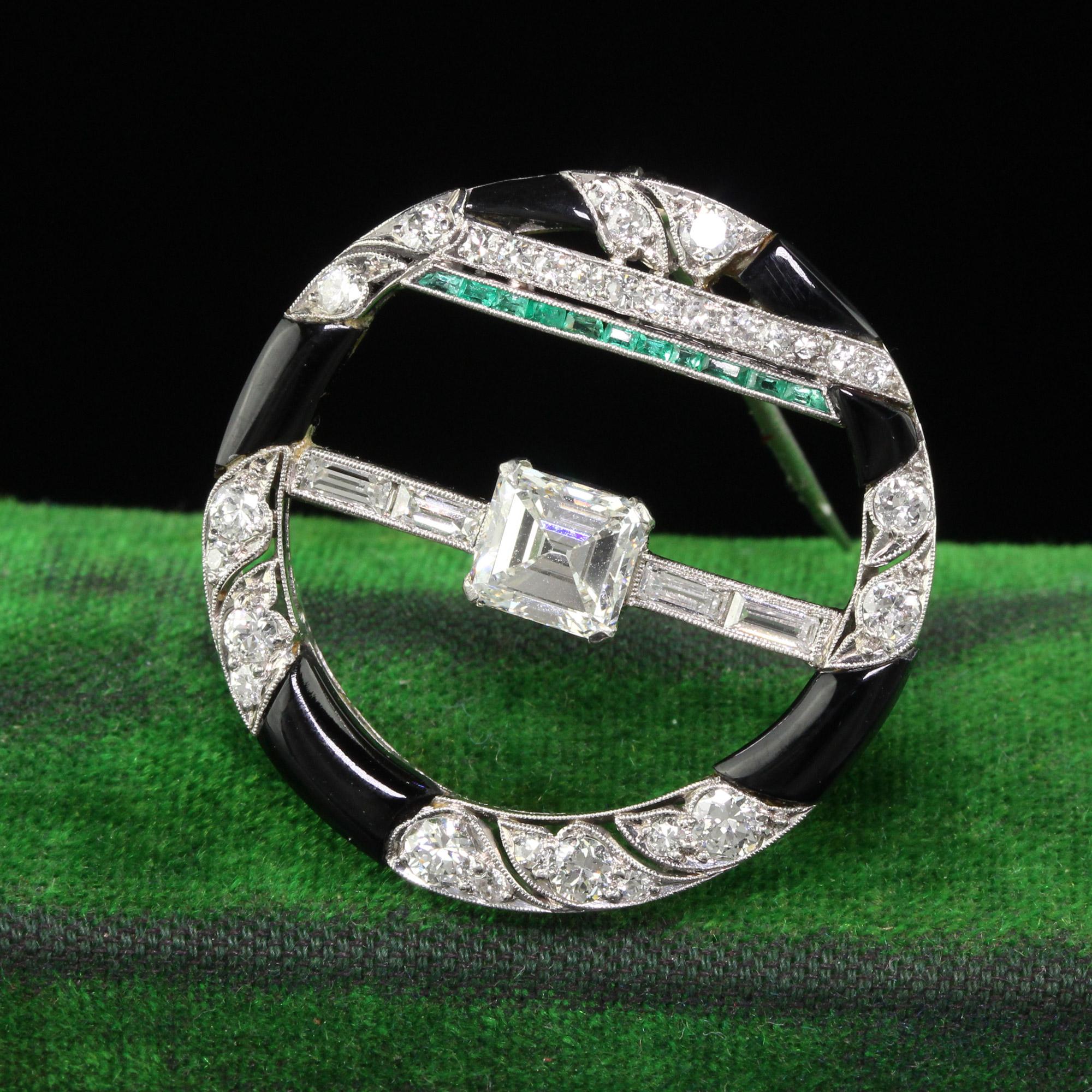 Antique Art Deco Platinum Old Emerald Cut Diamond Onyx and Emerald Pin ...