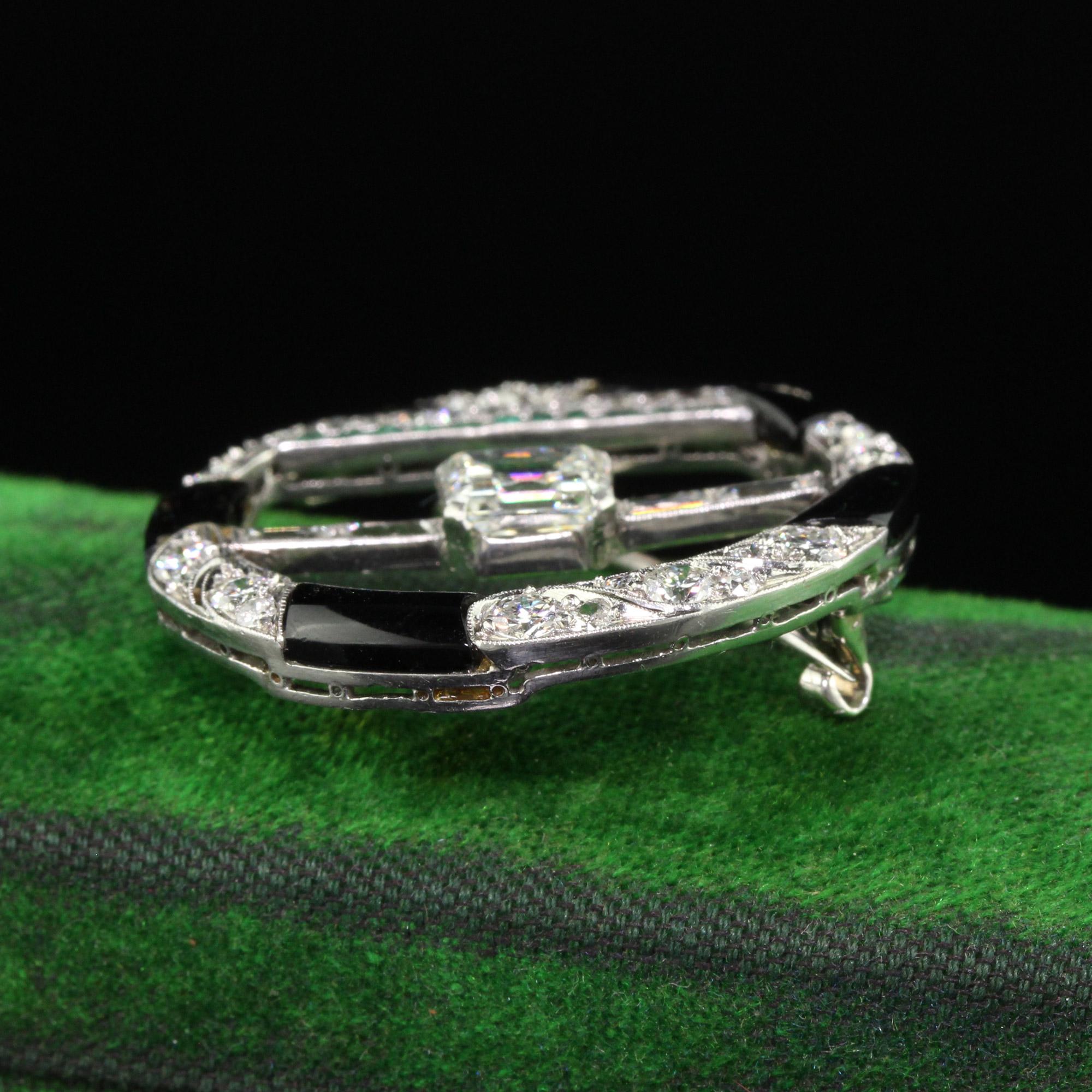 Antique Art Deco Platinum Old Emerald Cut Diamond Onyx and Emerald Pin ...