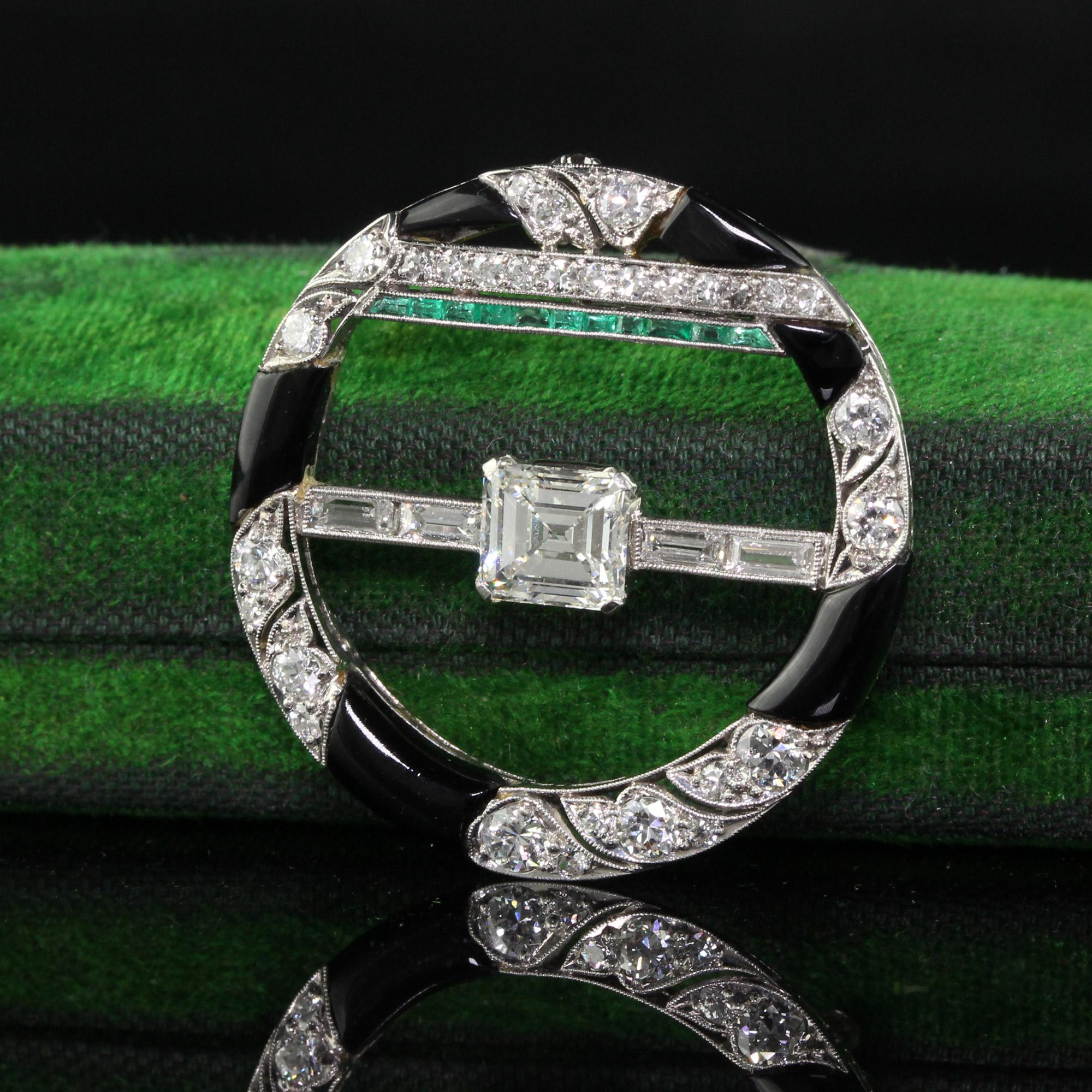 Antique Art Deco Platinum Old Emerald Cut Diamond Onyx and Emerald Pin ...
