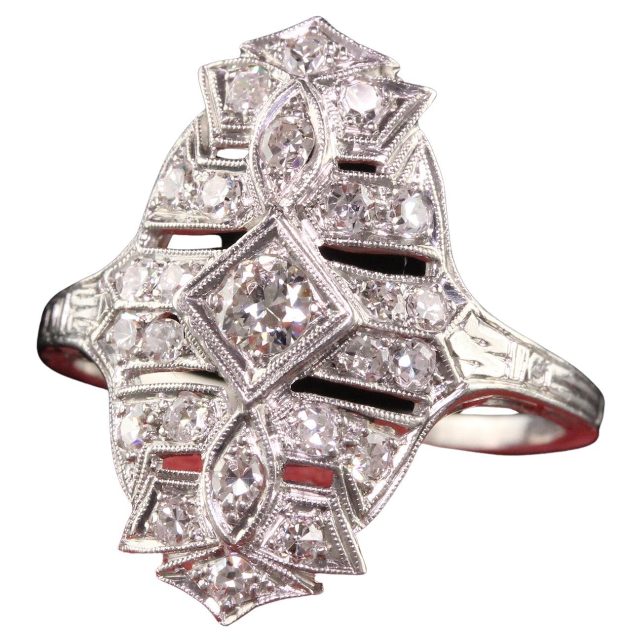 Antique Art Deco Platinum Diamond and Sapphire Filigree Shield Ring at ...