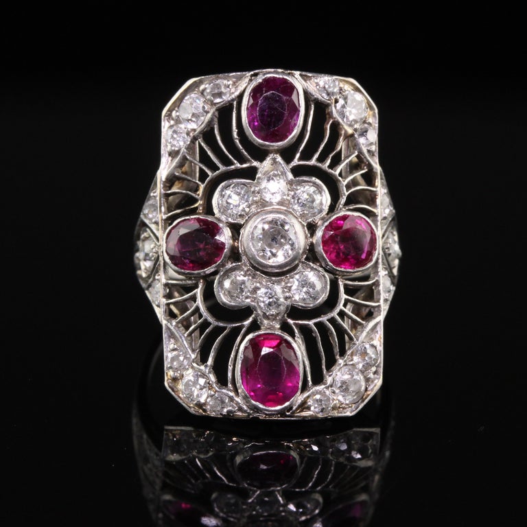 Antique Art Deco Platinum Old European Diamond and Ruby Filigree Shield ...