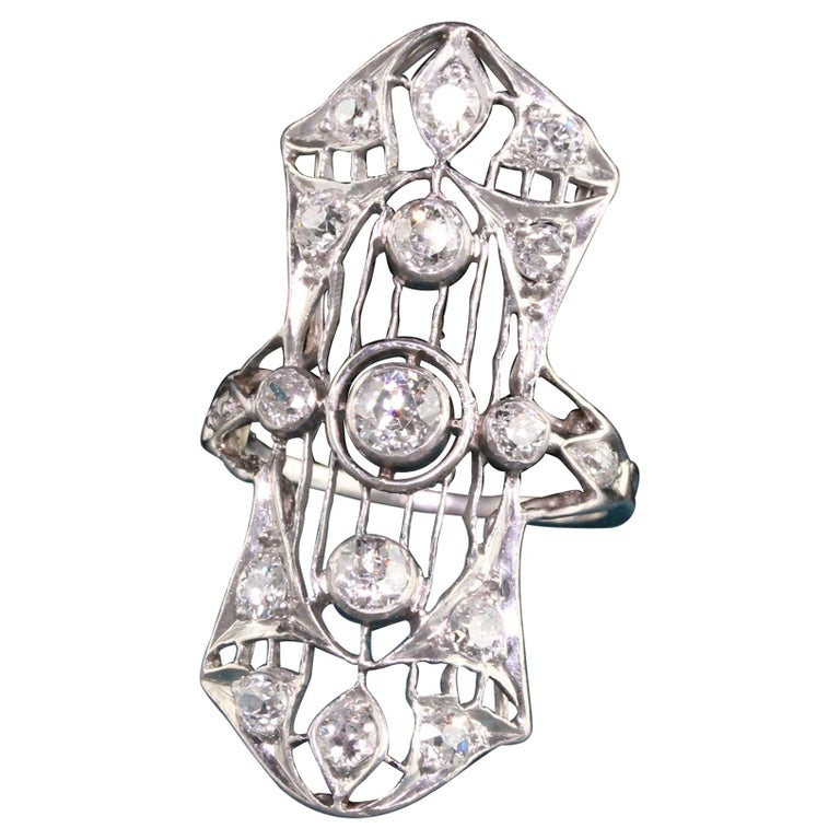 Antique Art Deco Platinum Old European Diamond Filigree Shield Ring at ...