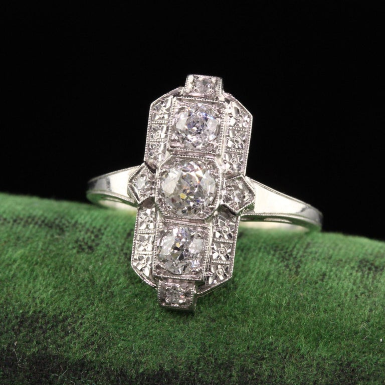 Antique Art Deco Platinum Old European Three Stone Shield Ring at ...