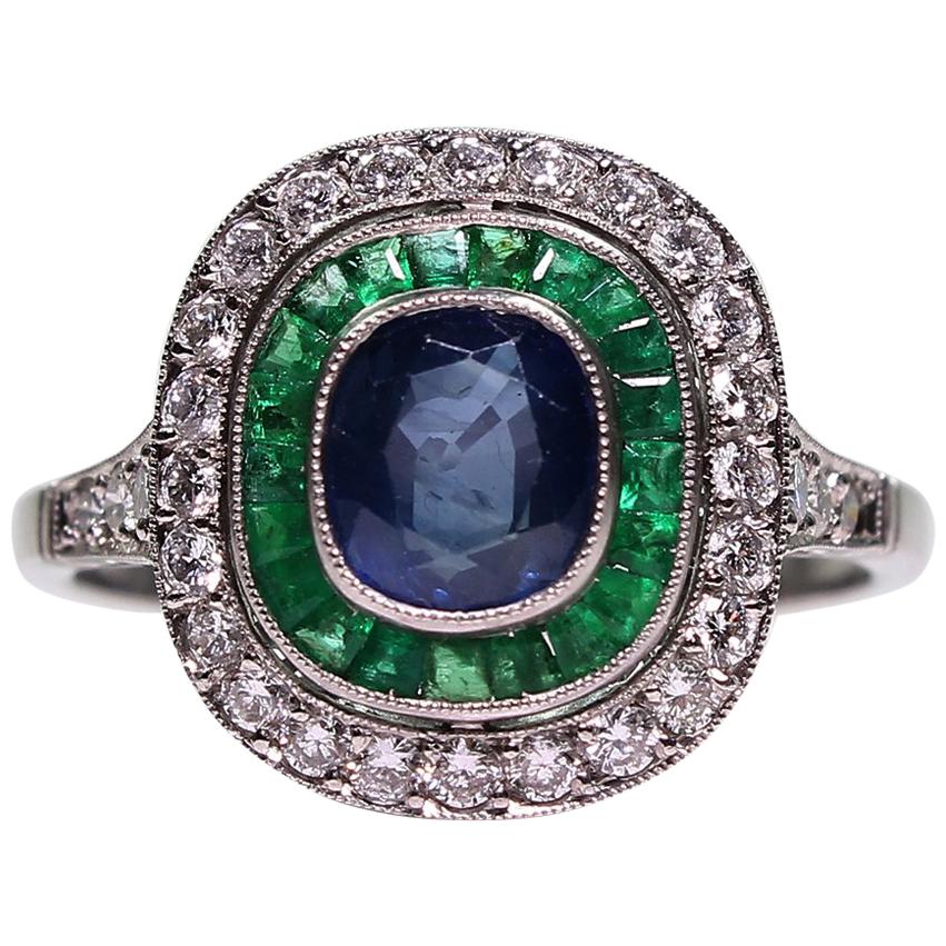 Antique Art Deco Platinum Sapphire, Diamond and Emerald Ring at 1stDibs