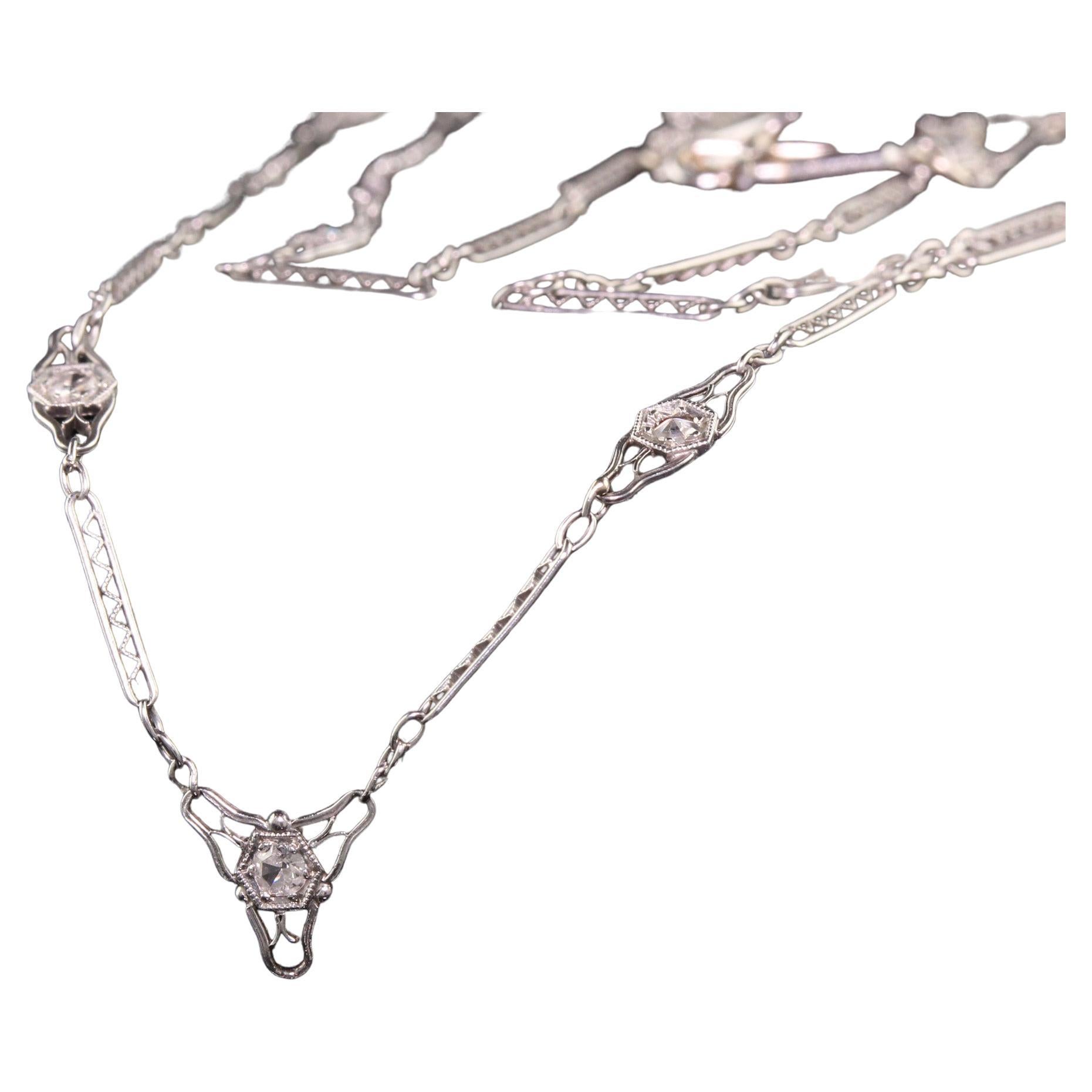 Antique Art Deco Platinum Single Cut Diamond Filigree Necklace at 1stDibs
