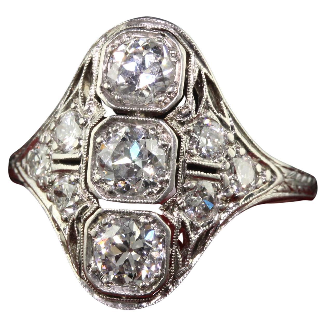Antique Art Deco Platinum Three Stone Old Euro Diamond Filigree Shield ...