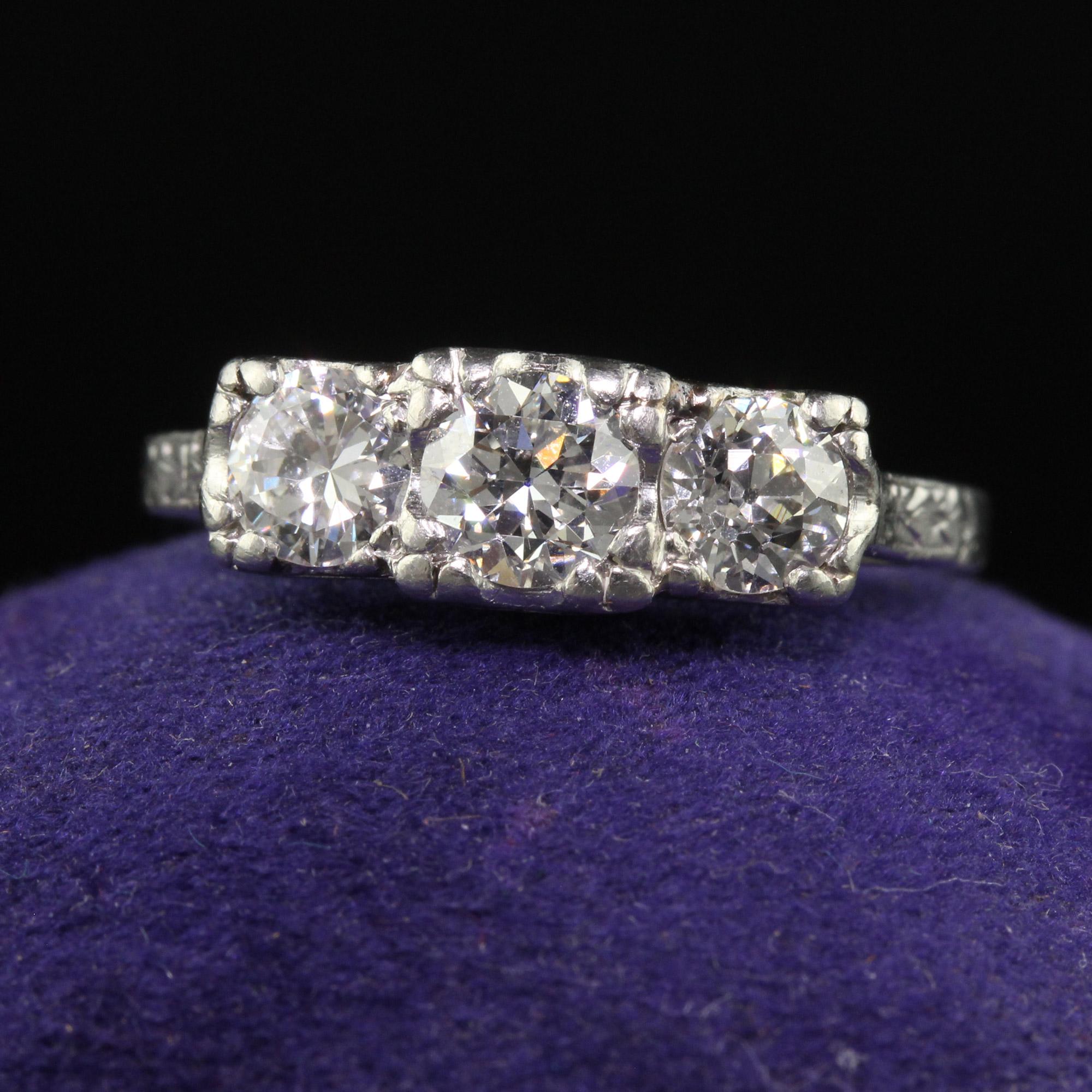Antique Art Deco Platinum Three Stone Old European Diamond Engraved ...