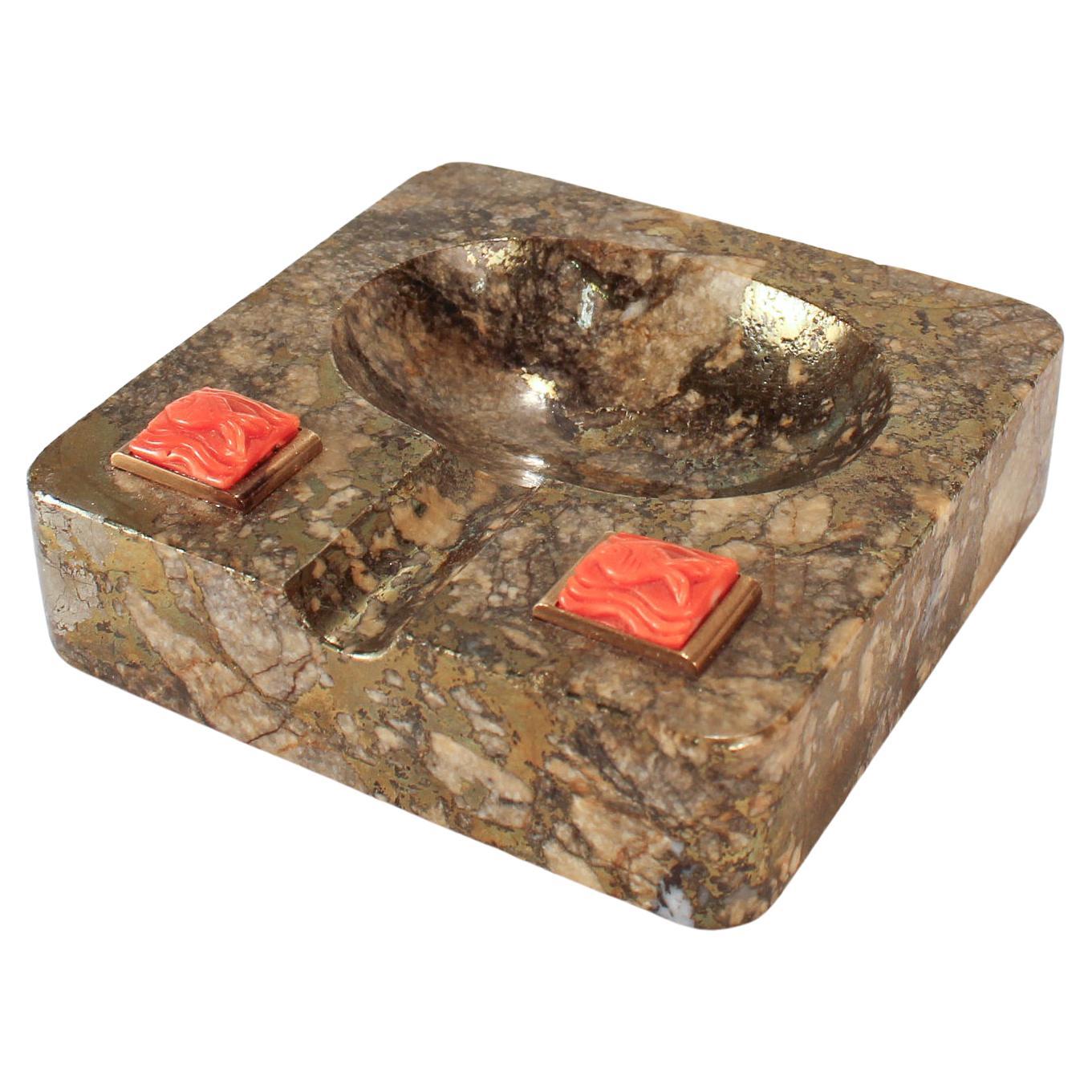 Antique Art Deco Pyrite Hardstone and Coral Ashtray at 1stDibs