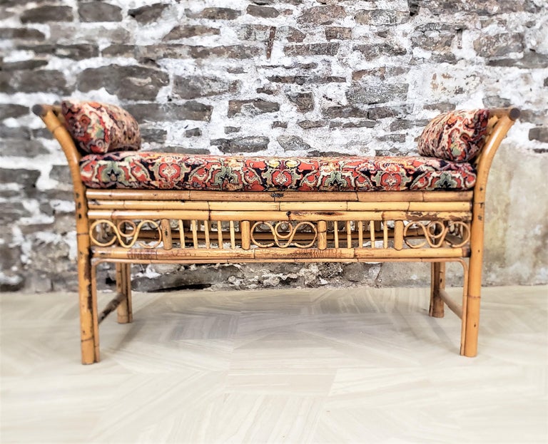Antique Art Deco Rattan Bohemian Styled Bench with Cushion and Bolsters ...