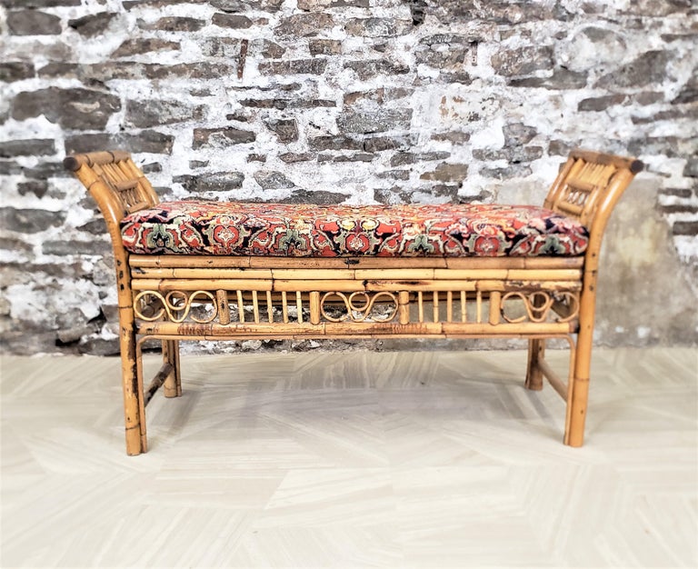 Antique Art Deco Rattan Bohemian Styled Bench with Cushion and Bolsters ...