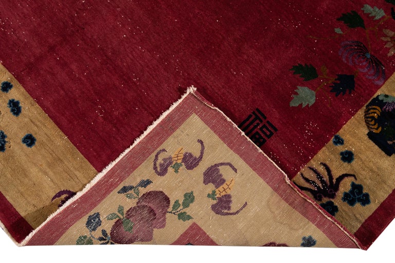 Antique Art Deco Red and Yellow Chinese Handmade Floral Wool Rug For ...