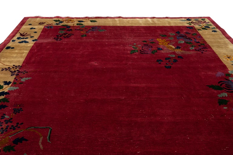 Antique Art Deco Red and Yellow Chinese Handmade Floral Wool Rug For ...