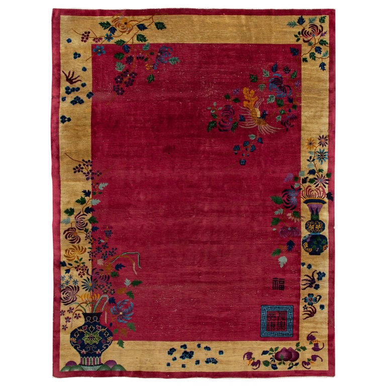 Antique Art Deco Red and Yellow Chinese Handmade Floral Wool Rug For ...