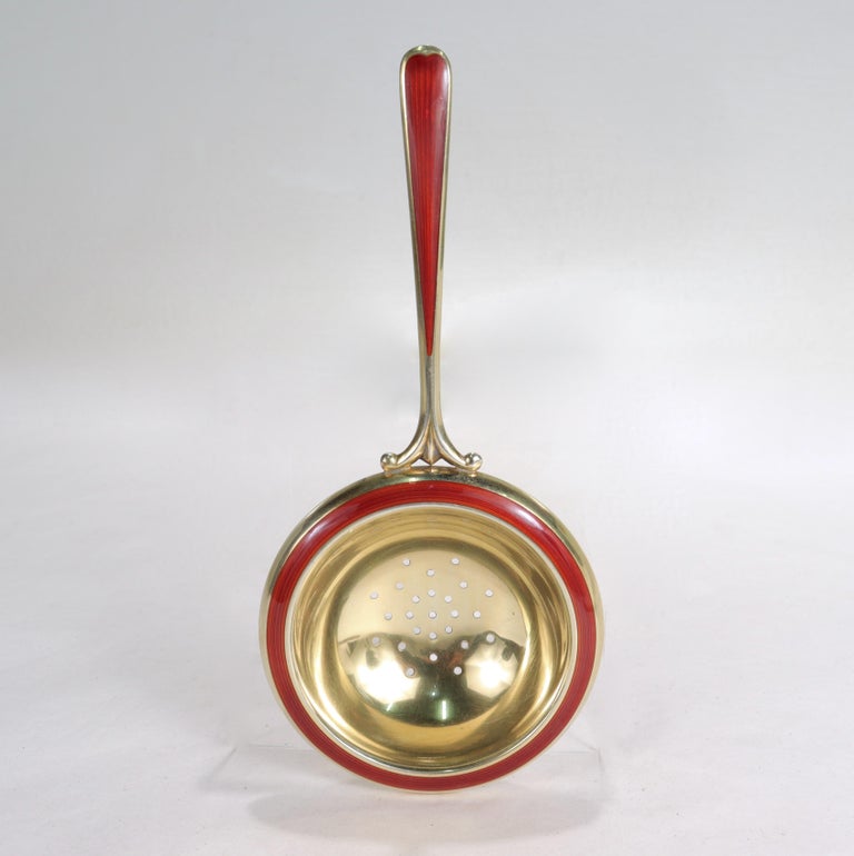 Antique Art Deco Red Enamel and Gilt Sterling Silver Tea Strainer by N ...
