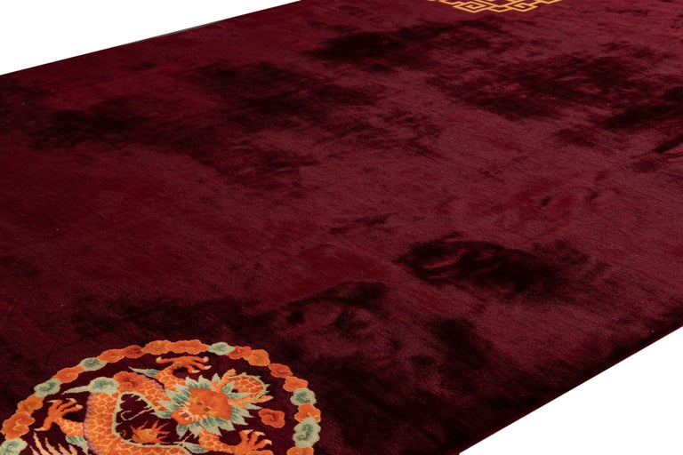 Antique Art Deco Red Handmade Chinese Dragon Design Wool Rug For Sale ...