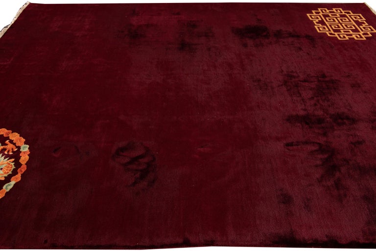 Antique Art Deco Red Handmade Chinese Dragon Design Wool Rug For Sale ...