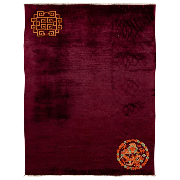 Antique Art Deco Red Handmade Chinese Dragon Design Wool Rug For Sale ...