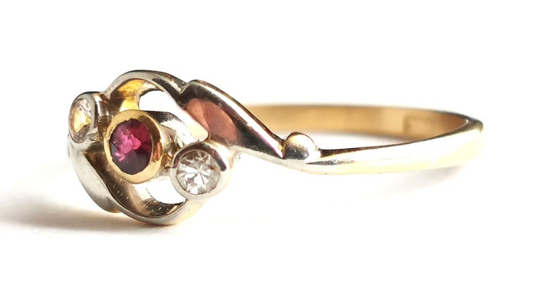 Antique Art Deco Ruby and Diamond Crossover Ring, Trilogy, 18k Gold and ...