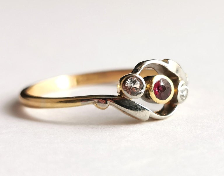 Antique Art Deco Ruby and Diamond Crossover Ring, Trilogy, 18k Gold and ...
