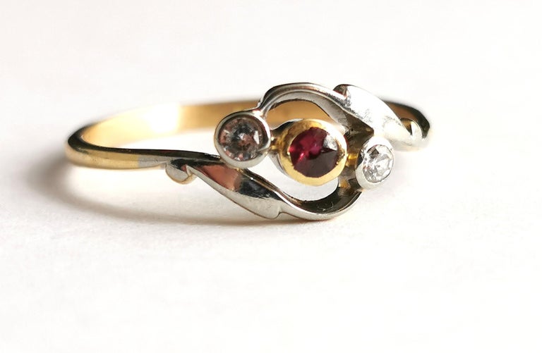 Antique Art Deco Ruby and Diamond Crossover Ring, Trilogy, 18k Gold and ...